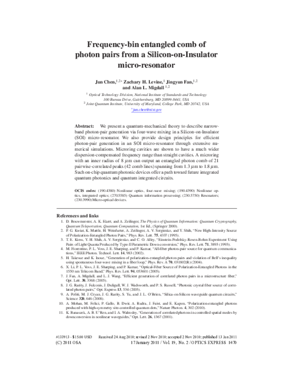 (PDF) Frequency-bin entangled comb of photon pairs from a Silicon-on-Insulator micro-resonator