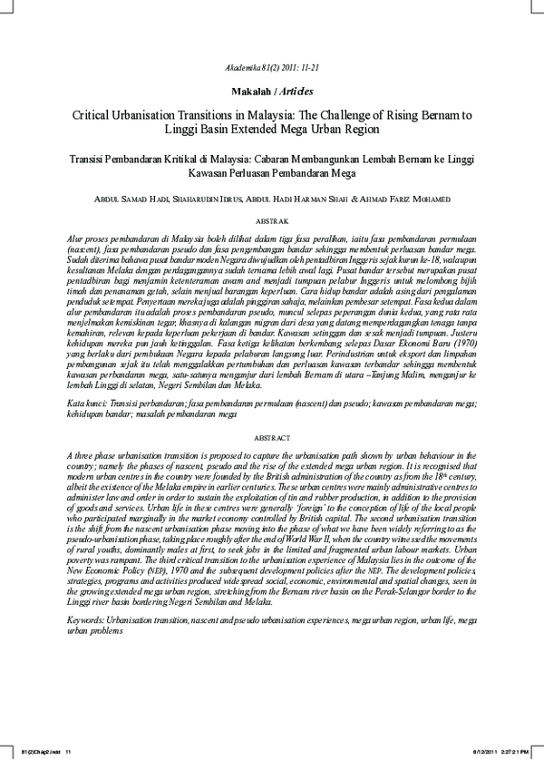 (PDF) Critical urbanisation transitions in Malaysia: the challenge of ...