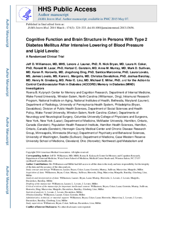 (PDF) Cognitive function and brain structure in persons with type 2 ...