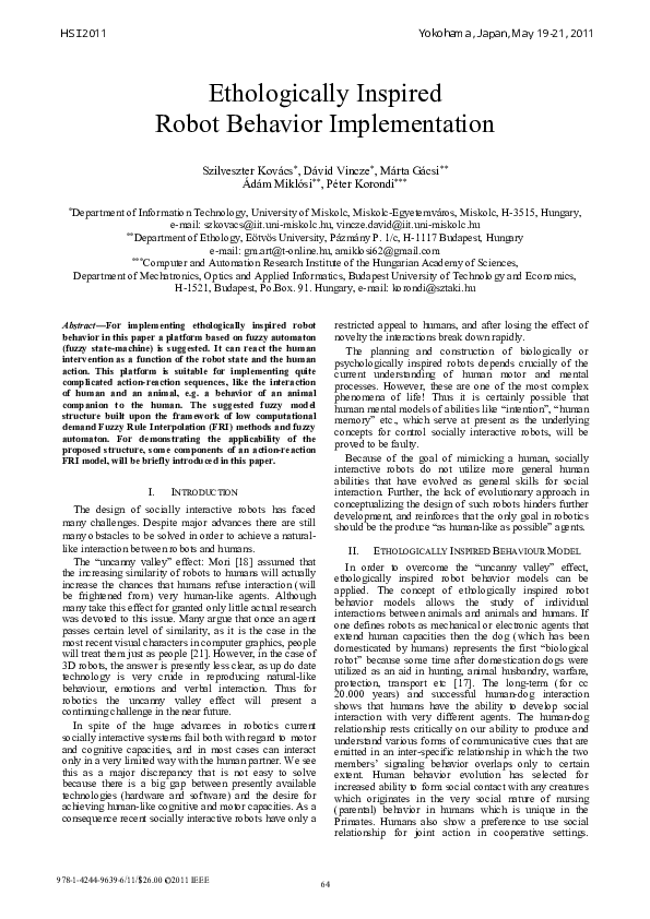 (PDF) Ethologically inspired robot behavior implementation