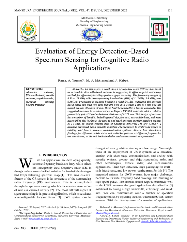 Pdf Evaluation Of Energy Detection Based Spectrum Sensing For Cognitive Radio Applications