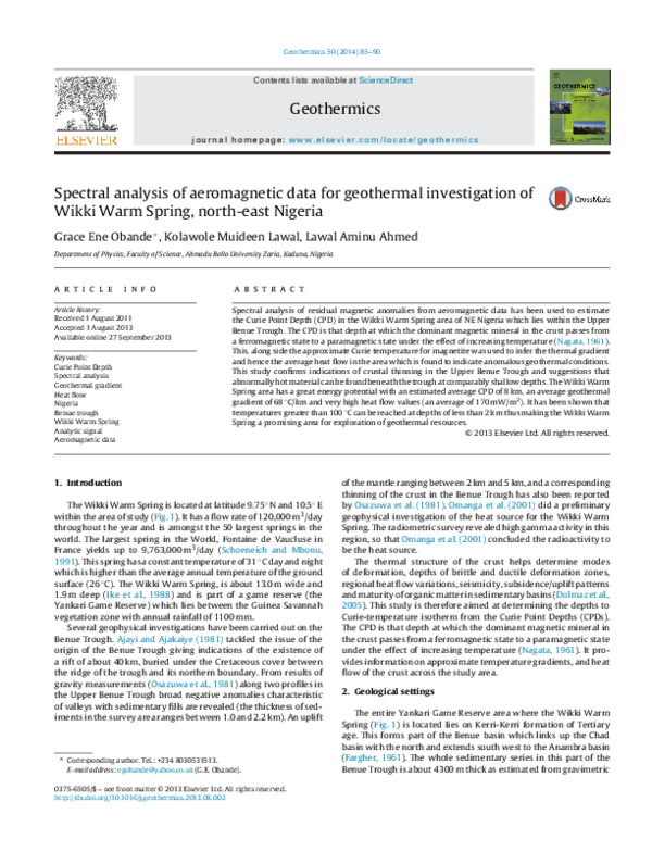 (PDF) Spectral analysis of aeromagnetic data for geothermal ...