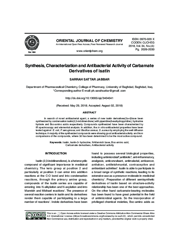 (PDF) Synthesis , Characterization and Antibacterial Activity of Carbamate Derivatives of Isatin ...