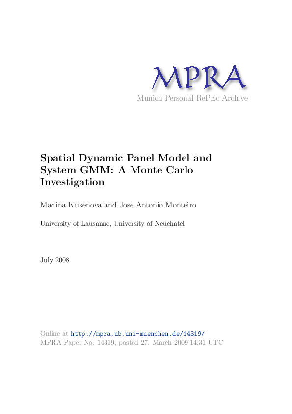 (PDF) Spatial Dynamic Panel Model and System GMM: A Monte Carlo Investigation | Madina Kukenova ...