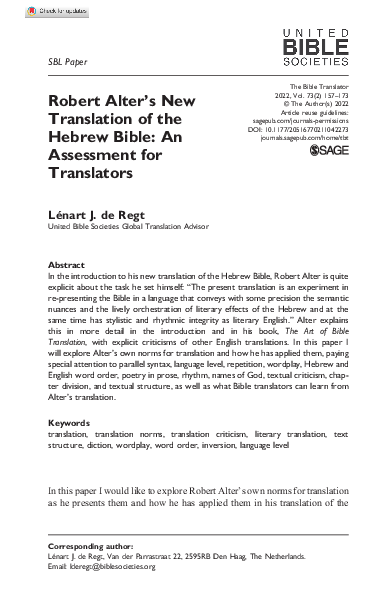 (PDF) Robert Alter's New Translation of the Hebrew Bible: An Assessment ...