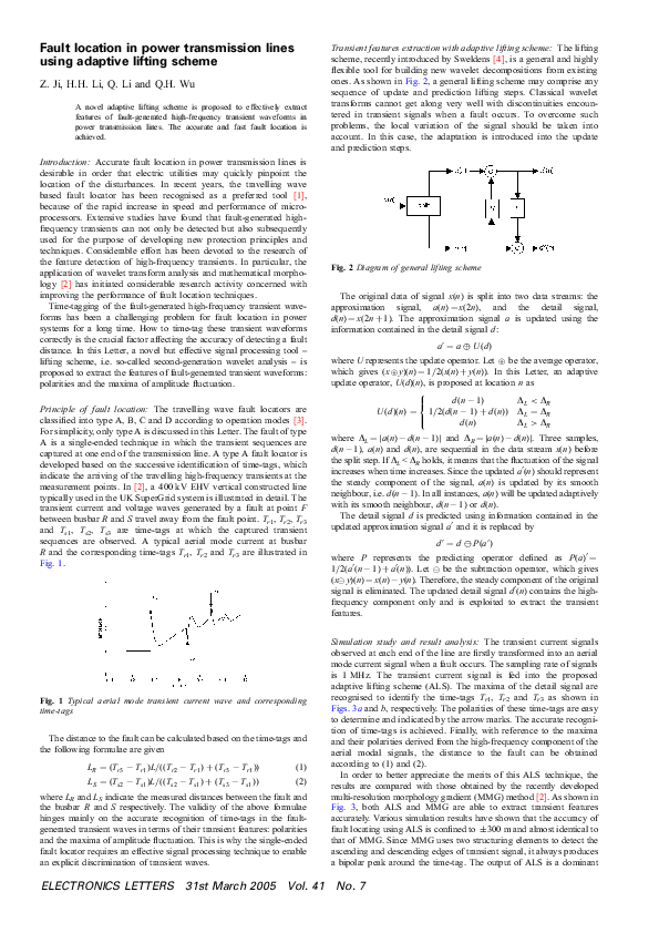 Pdf Fault Location In Power Transmission Lines Using Adaptive Lifting Scheme