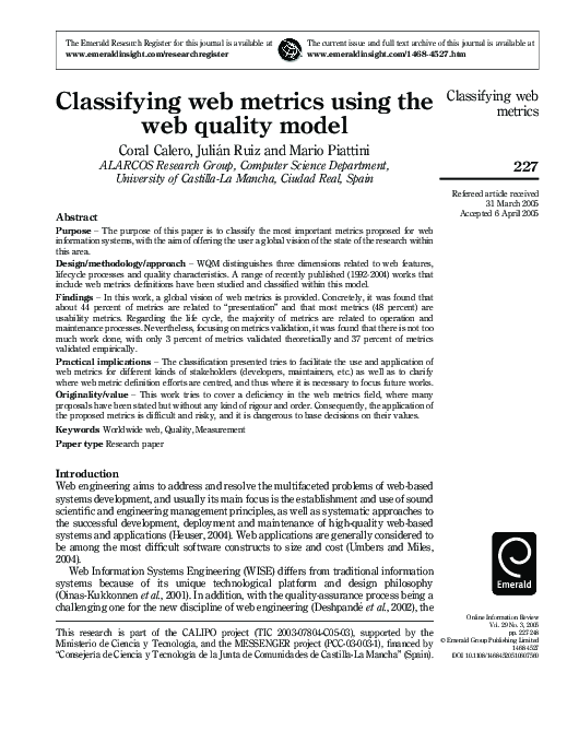 Pdf Classifying Web Metrics Using The Web Quality Model