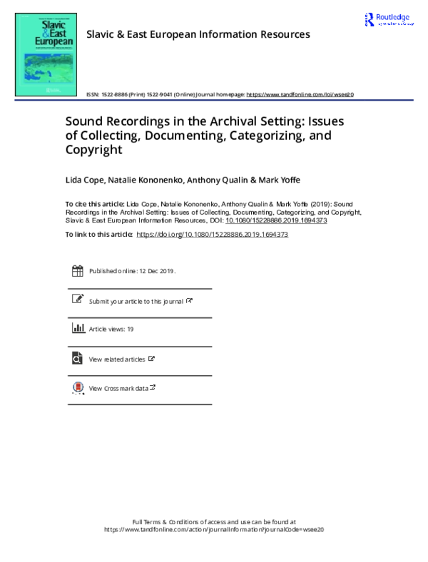 (PDF) Sound Recordings in the Archival Setting: Issues of Collecting ...