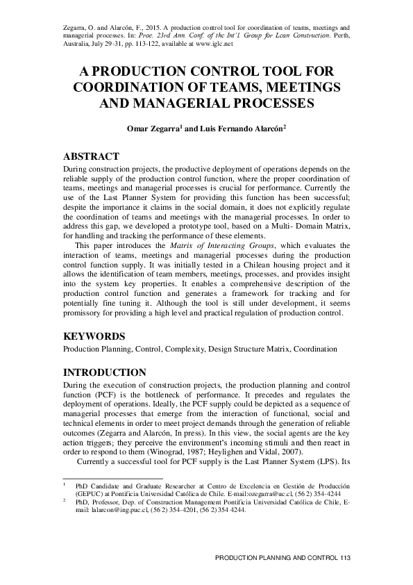 (PDF) A Production Control Tool for Coordination of Teams, Meetings and ...