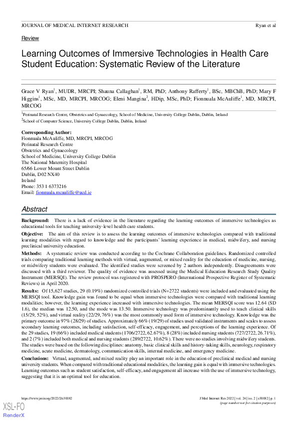 (PDF) Learning Outcomes of Immersive Technologies in Health Care ...