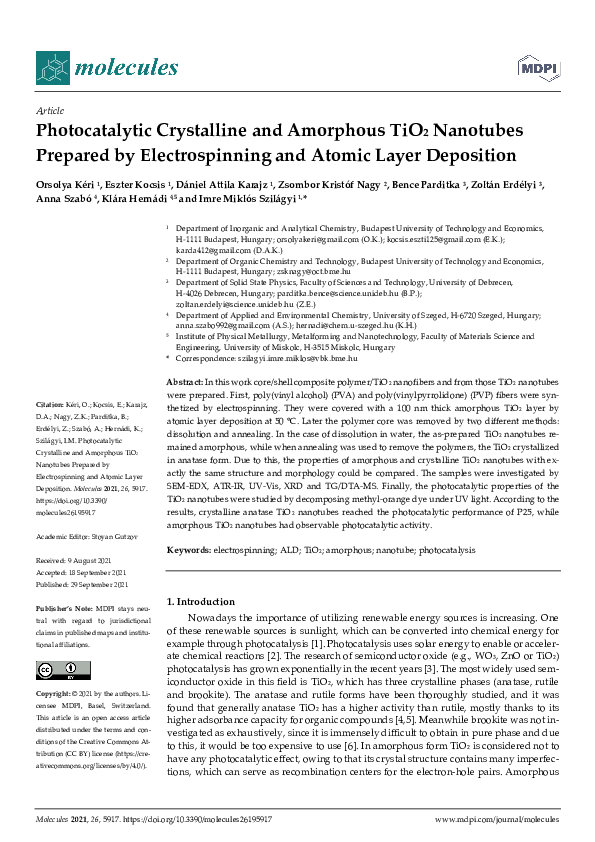 (PDF) Photocatalytic Crystalline and Amorphous TiO2 Nanotubes Prepared by Electrospinning and ...
