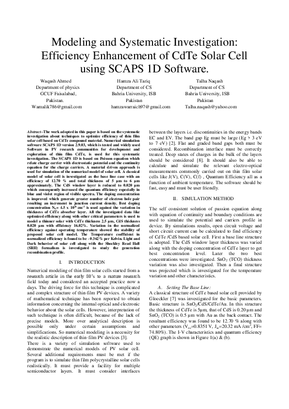 (PDF) Modeling and Systematic Investigation: Efficiency Enhancement of CdTe Solar Cell using ...