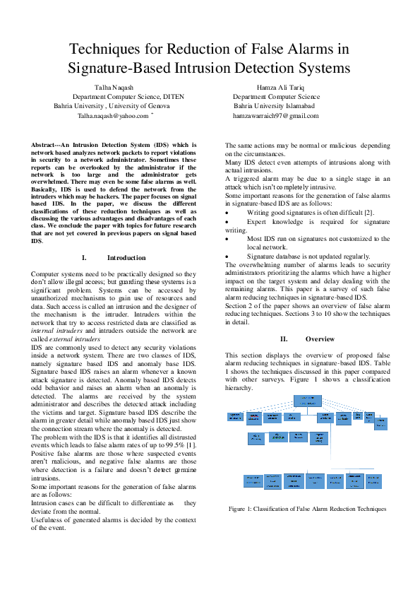 Pdf Techniques For Reduction Of False Alarms In Signature Based Intrusion Detection Systems