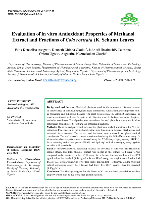(PDF) Evaluation of in vitro Antioxidant Properties of Methanol Extract ...