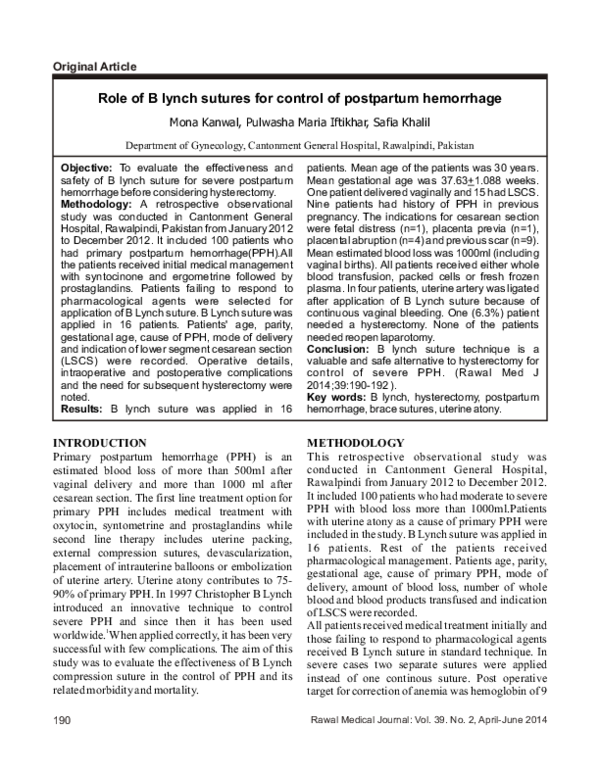 (PDF) Role of B lynch sutures for control of postpartum hemorrhage