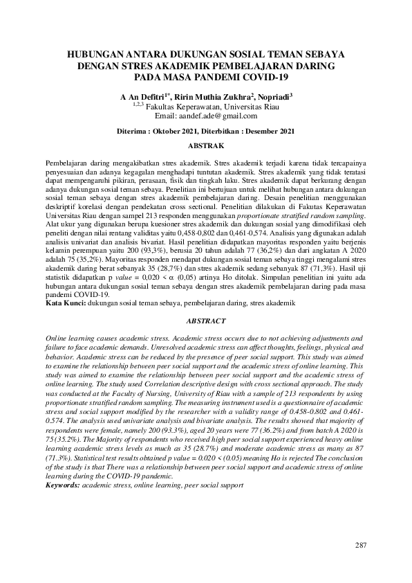 (PDF) Hubungan Antara Dukungan Sosial Teman Sebaya dengan Stres Akademik Pembelajaran Daring ...