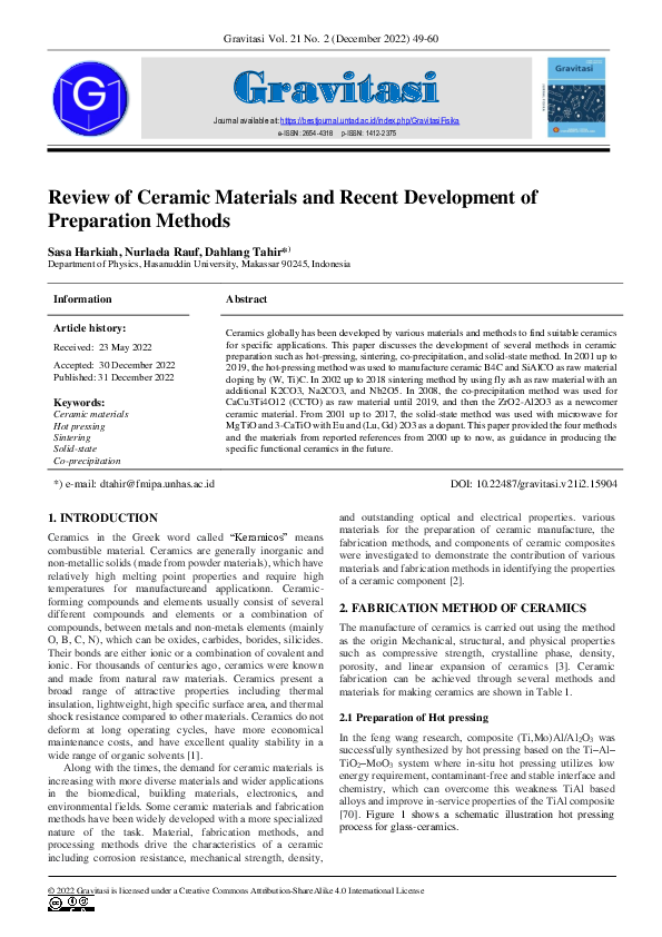 (PDF) Review of ceramic materials and recent development of preparation ...