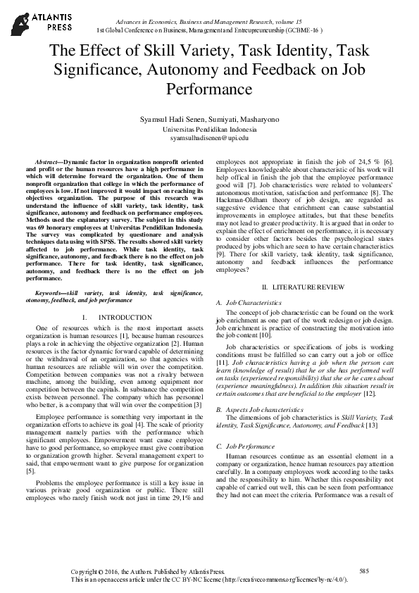 (PDF) The Effect of Skill Variety, Task Identity, Task Significance ...