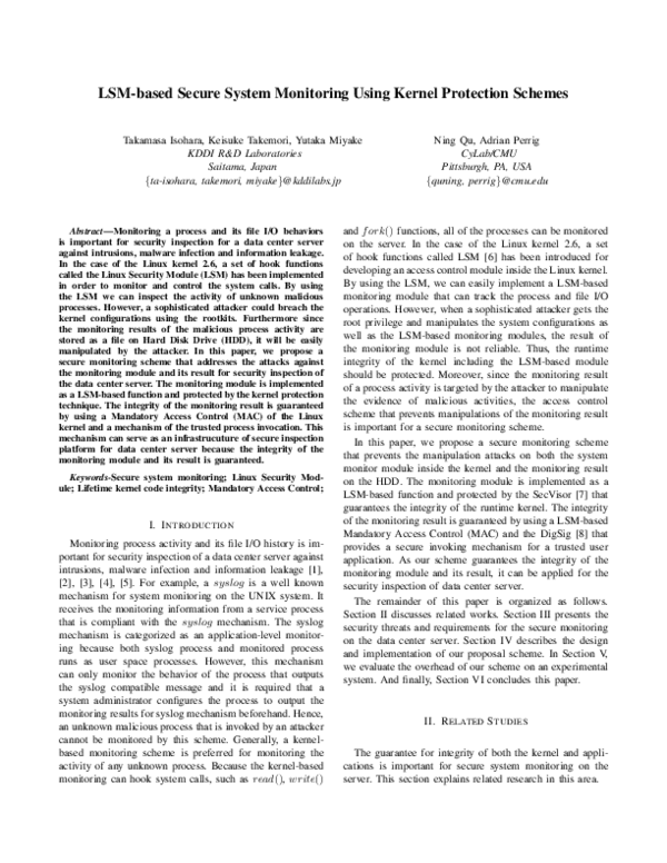 Pdf Lsm Based Secure System Monitoring Using Kernel Protection Schemes