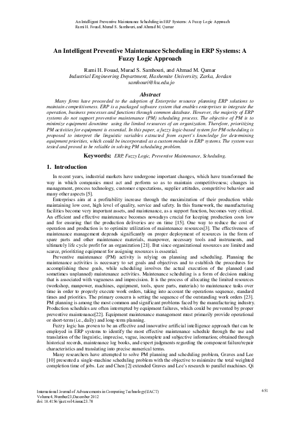 (PDF) An Intelligent Preventive Maintenance Scheduling in ERP Systems: A Fuzzy Logic Approach