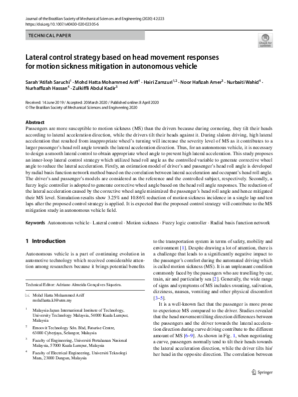 (PDF) Lateral control strategy based on head movement responses for motion sickness mitigation ...