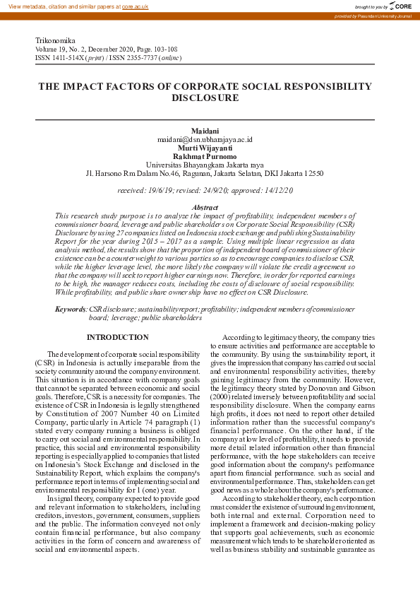 (PDF) The Impact Factors of Corporate Social Responsibility Disclosure