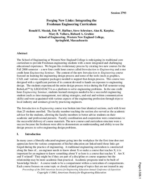 (PDF) Forging New Links: Integrating The Freshman Engineering Curriculum (PDF) Forging New Links: Integrating The Freshman Engineering Curriculum