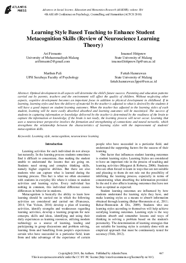 (PDF) Learning Style Based Teaching to Enhance Student Metacognition Skills (Review of ...