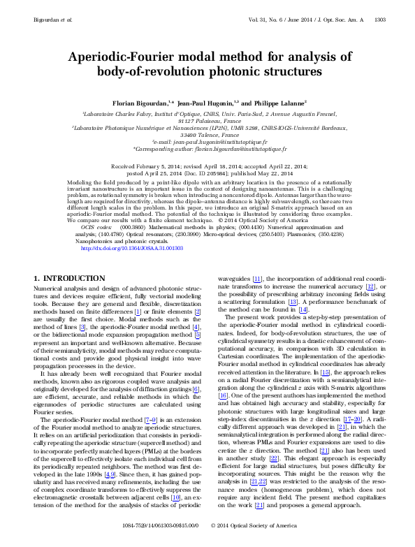 (PDF) Aperiodic-Fourier modal method for analysis of body-of-revolution photonic structures