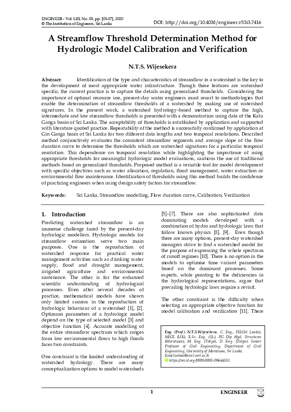 (PDF) A Streamflow Threshold Determination Method for Hydrologic Model Calibration and Verification