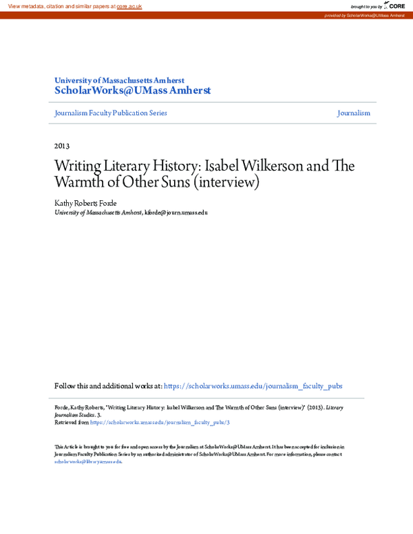 (PDF) Writing Literary History: Isabel Wilkerson and The Warmth of ...