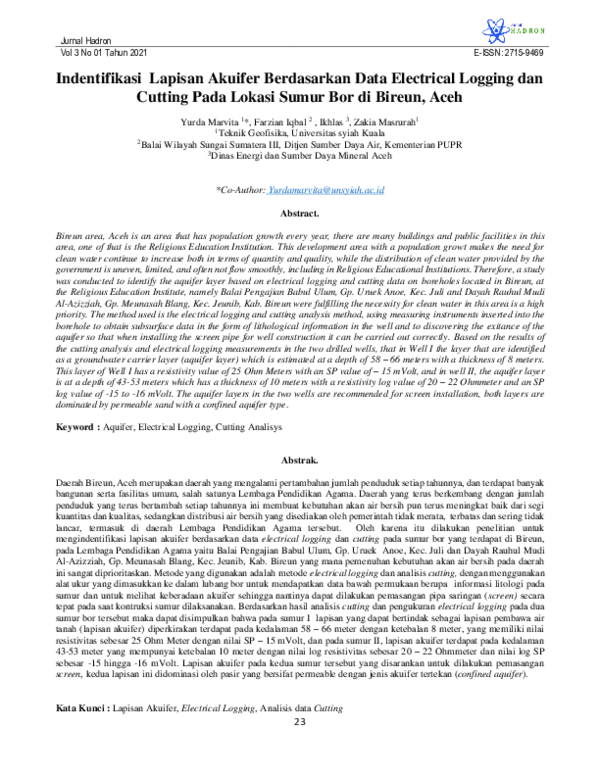 (PDF) Indentifikasi Lapisan Akuifer Berdasarkan Data Electrical Logging ...