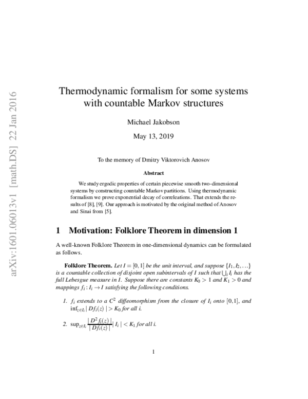 (PDF) Thermodynamic formalism for some systems with countable Markov structures