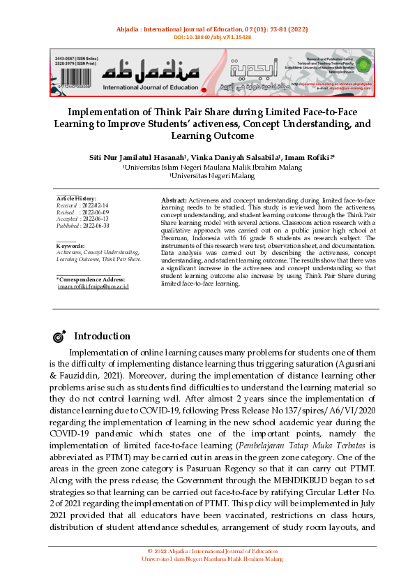 (PDF) Implementation of Think Pair Share during Limited Face-to-Face Learning to Improve ...