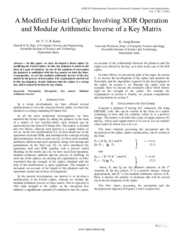 (PDF) A Modified Feistel Cipher Involving XOR Operation and Modular Arithmetic Inverse of a Key ...