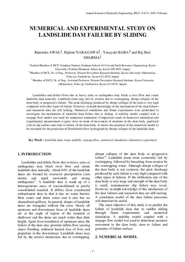 (PDF) Numerical and Experimental Study on Landslide Dam Failure by Sliding