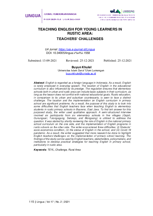 (PDF) Teaching English for Young Learners in Rural Area: Teachers ...