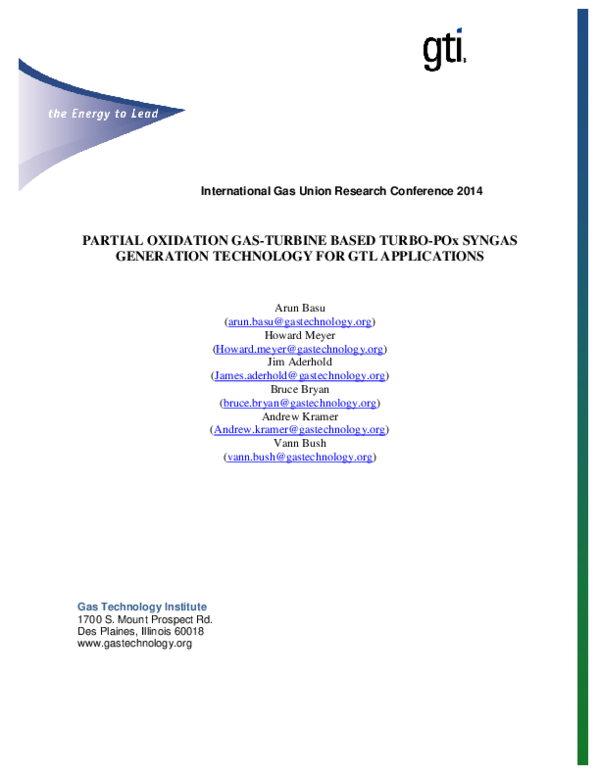 (PDF) PARTIAL OXIDATION GAS-TURBINE BASED TURBO-POx SYNGAS GENERATION TECHNOLOGY FOR GTL ...
