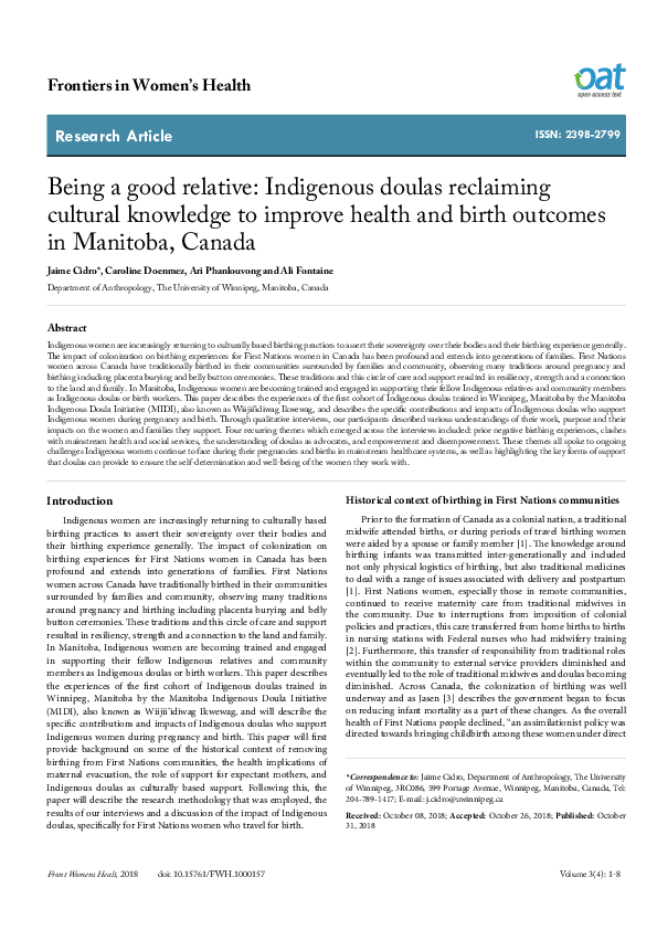 (PDF) Being a good relative: Indigenous doulas reclaiming cultural ...