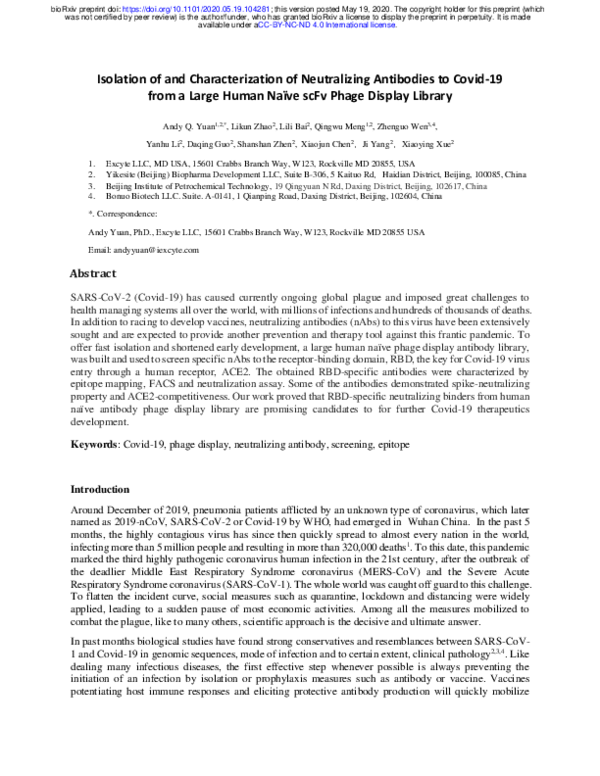 (PDF) Isolation of and Characterization of Neutralizing Antibodies to ...