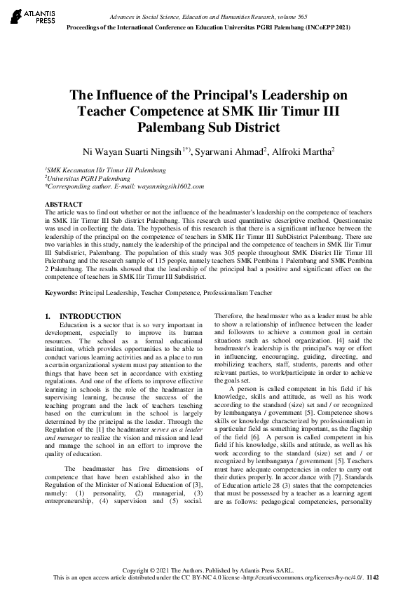 (PDF) The Influence of the Principal’s Leadership on Teacher Competence ...
