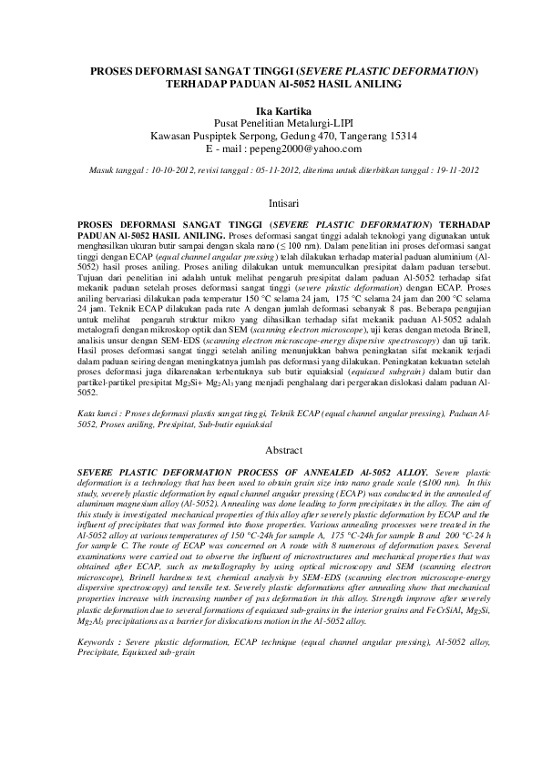 (PDF) PROSES DEFORMASI SANGAT TINGGI (SEVERE PLASTIC DEFORMATION) TERHADAP PADUAN Al-5052 HASIL ...