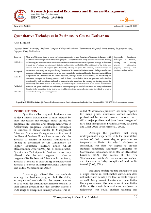 (PDF) Quantitative Techniques in Business: A Course Evaluation
