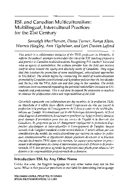 (PDF) ESL and Canadian Multiculturalism: Multilingual, Intercultural ...