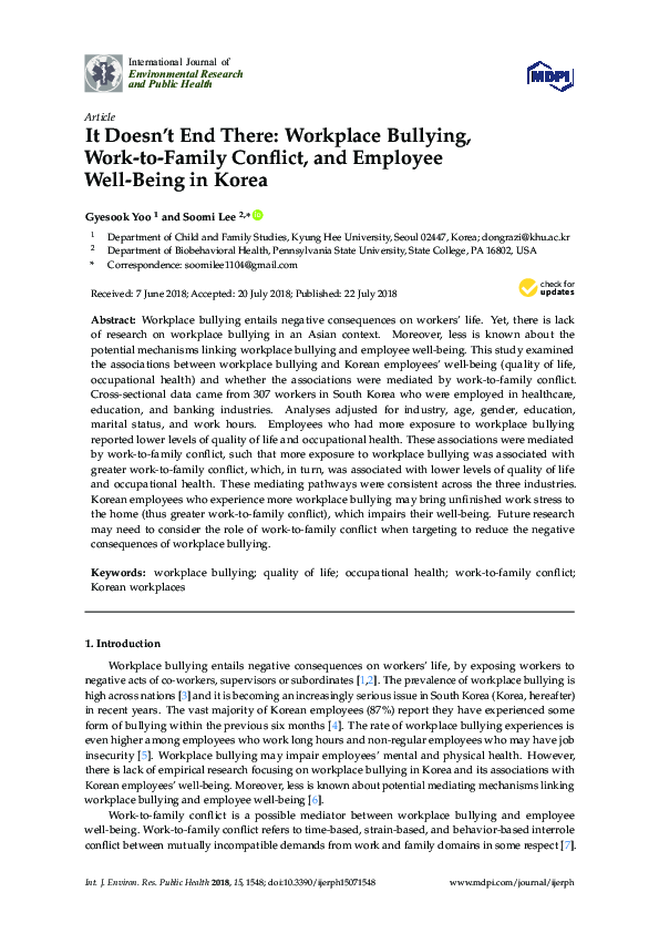(PDF) It Doesn't End There: Workplace Bullying, Work-to-Family Conflict ...