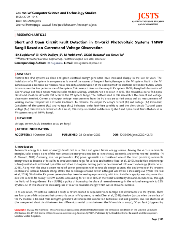Pdf Short And Open Circuit Fault Detection In On Grid Photovoltaic Systems 1mwp Bangli Based