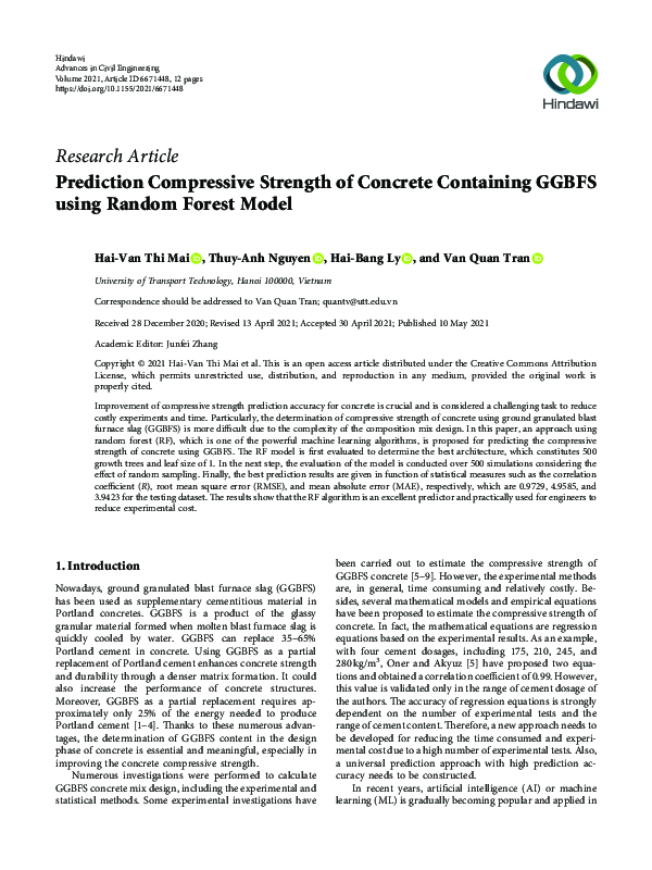 (PDF) Prediction Compressive Strength of Concrete Containing GGBFS using Random Forest Model