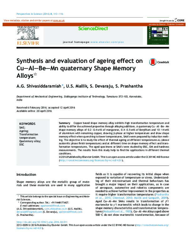 (PDF) Synthesis and evaluation of ageing effect on Cu–Al–Be–Mn quaternary Shape Memory Alloys