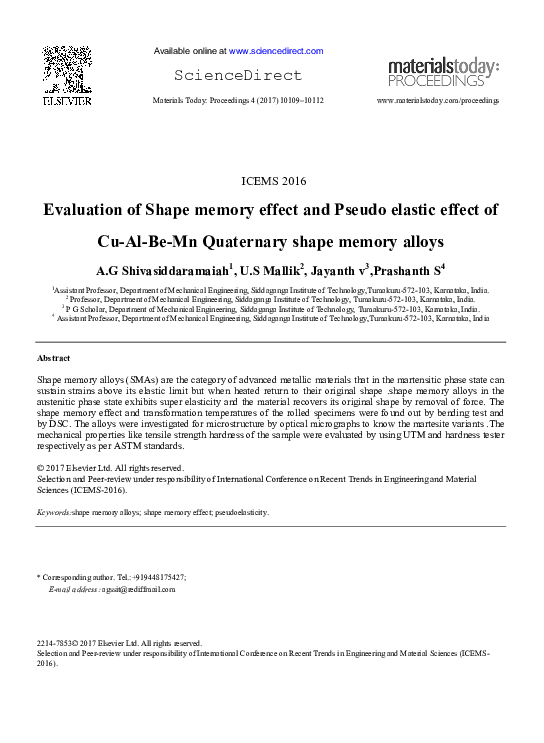 (PDF) Evaluation of Shape memory effect and Pseudo elastic effect of Cu-Al-Be-Mn Quaternary ...