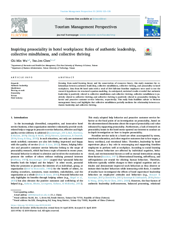 (PDF) Inspiring prosociality in hotel workplaces: Roles of authentic ...